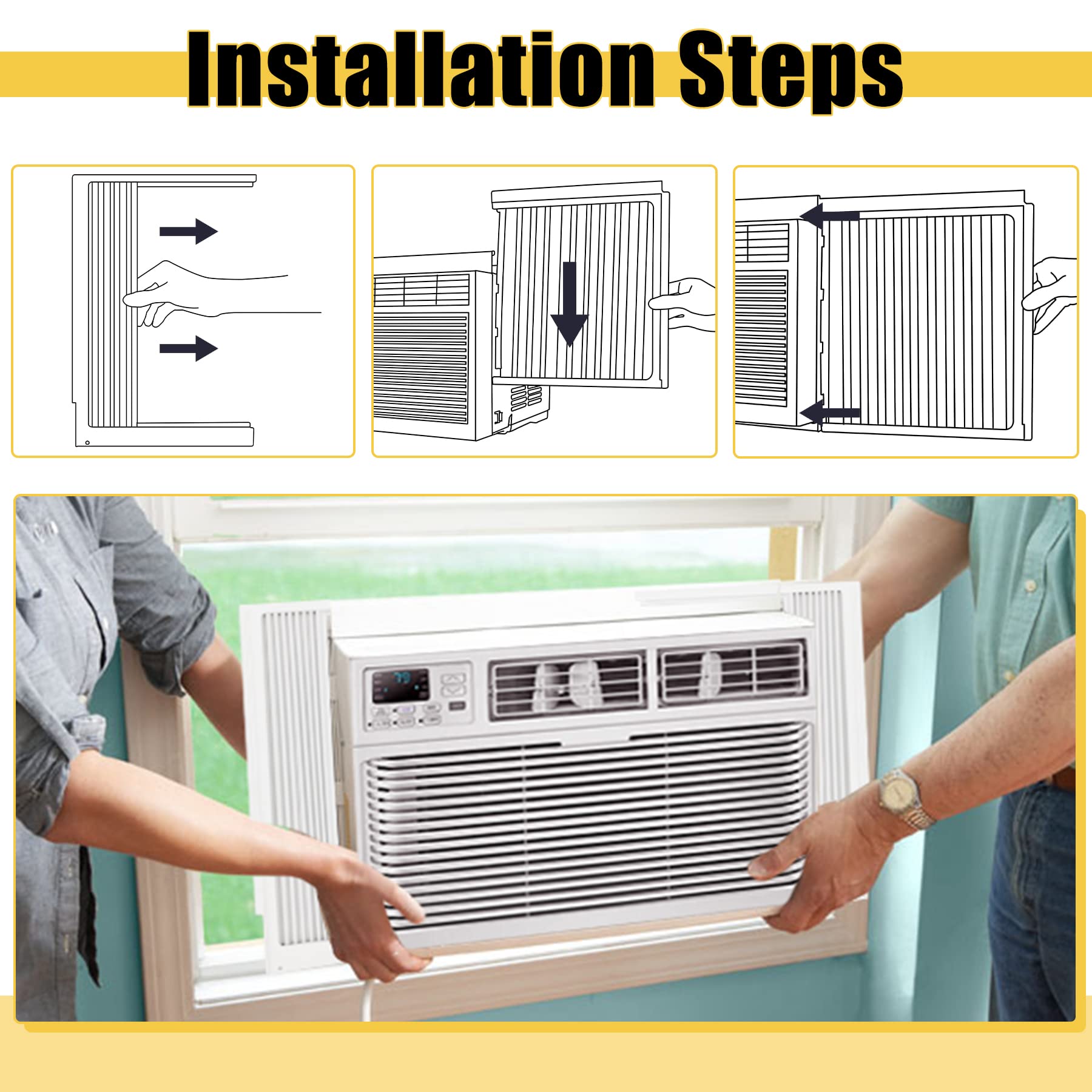 Powrocket Window AC Side Panel with Frame Set,Air Conditioner Accordion Filler Curtain Replacement Kit,Fits Most 8000 BTU Window Air Conditioner Units,White