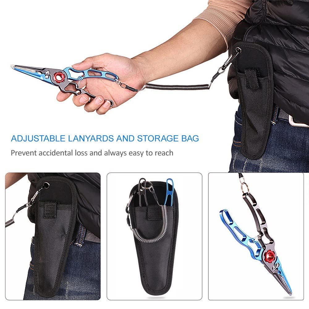 MengK Aluminium Fishing Pliers Hook Remover Pliers Fish Holder Split Ring Tool Clip Clamp Line Cutters with Lanyard and Storage Bag