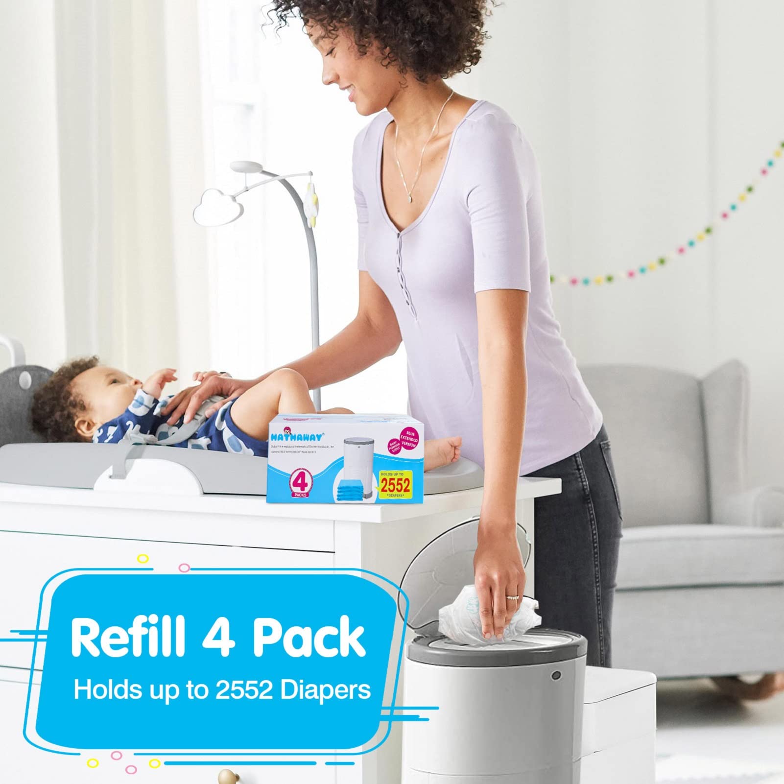 Refills Compatible with Dekor Plus Diaper Pails 4 Pack Extended Version Diaper Pail Liners Baby Powder Scent