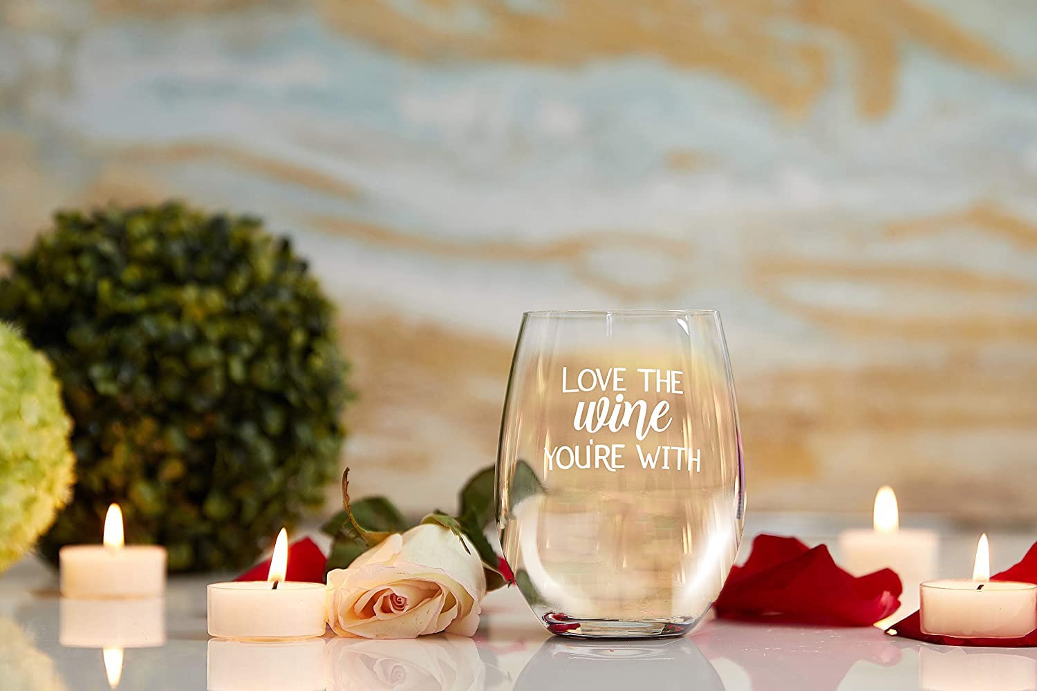 Lushy Wino β Love The Wine You're With β Cute, Novelty, Etched Stemless 16-Ounce Wine Glass with Funny Sayings in Gift Box