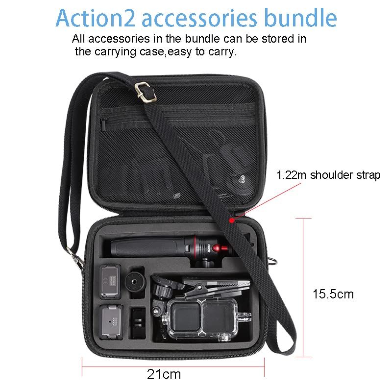 PellKing Accessories Kit for DJI Action 2,Including Hard Shell Carrying Case with Shoulder Belt,Tripod,360 Degree Rotation Backpack Clip,Head Strap,Screen Protector,Waterproof Shell,Silicone Sleeve