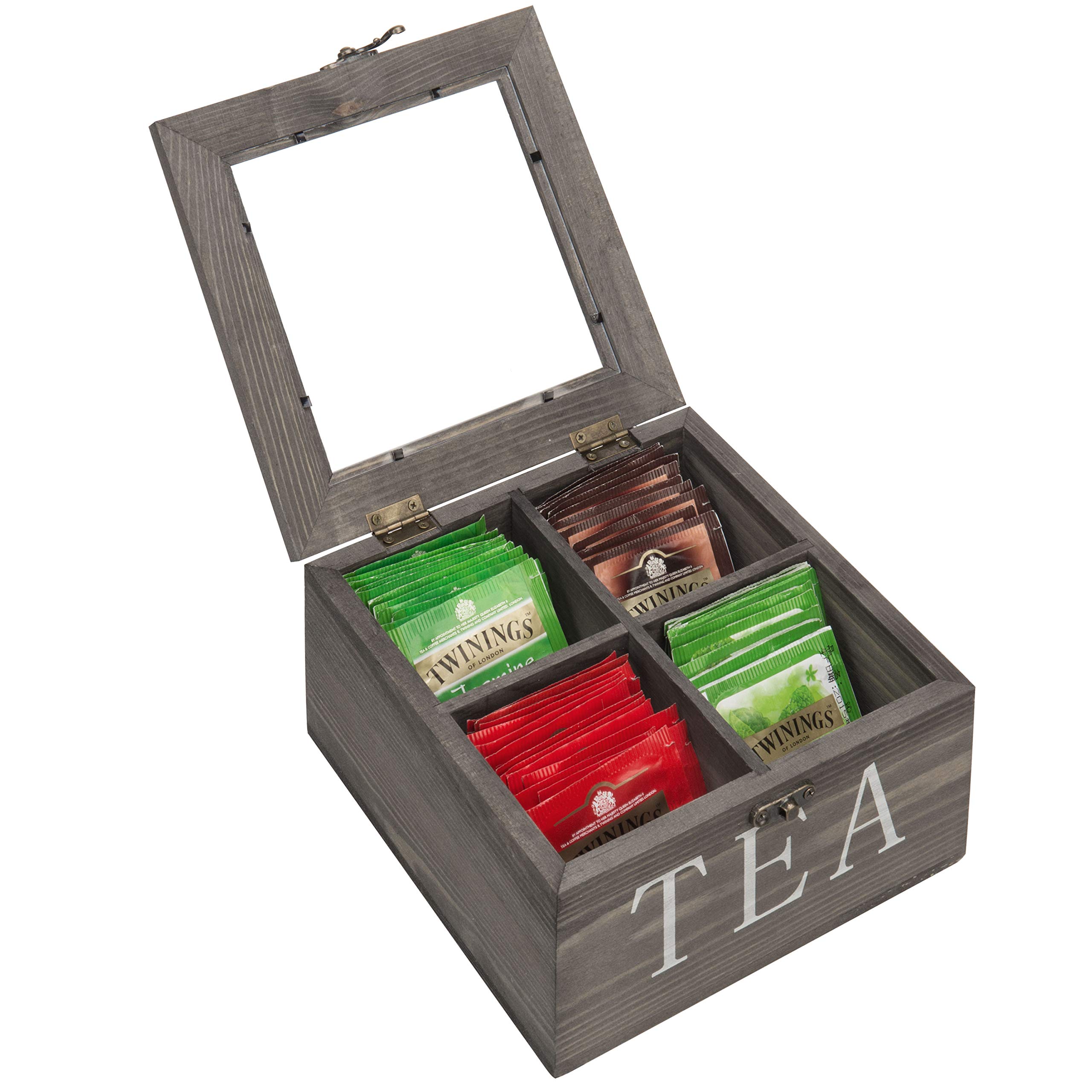 MyGift Rustic Gray Solid Wood Tea Box Organizer with 4 Compartments, Teabag Storage Chest with Clear Acrylic Lid and Latch
