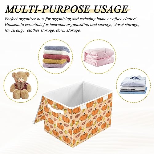 Krafig Foldable Storage Box Large Cube Organizer Bins Autumn Orange Pumpkins Containers Baskets with Lids Handles for Closet Organization, Shelves, Clothes, Toys