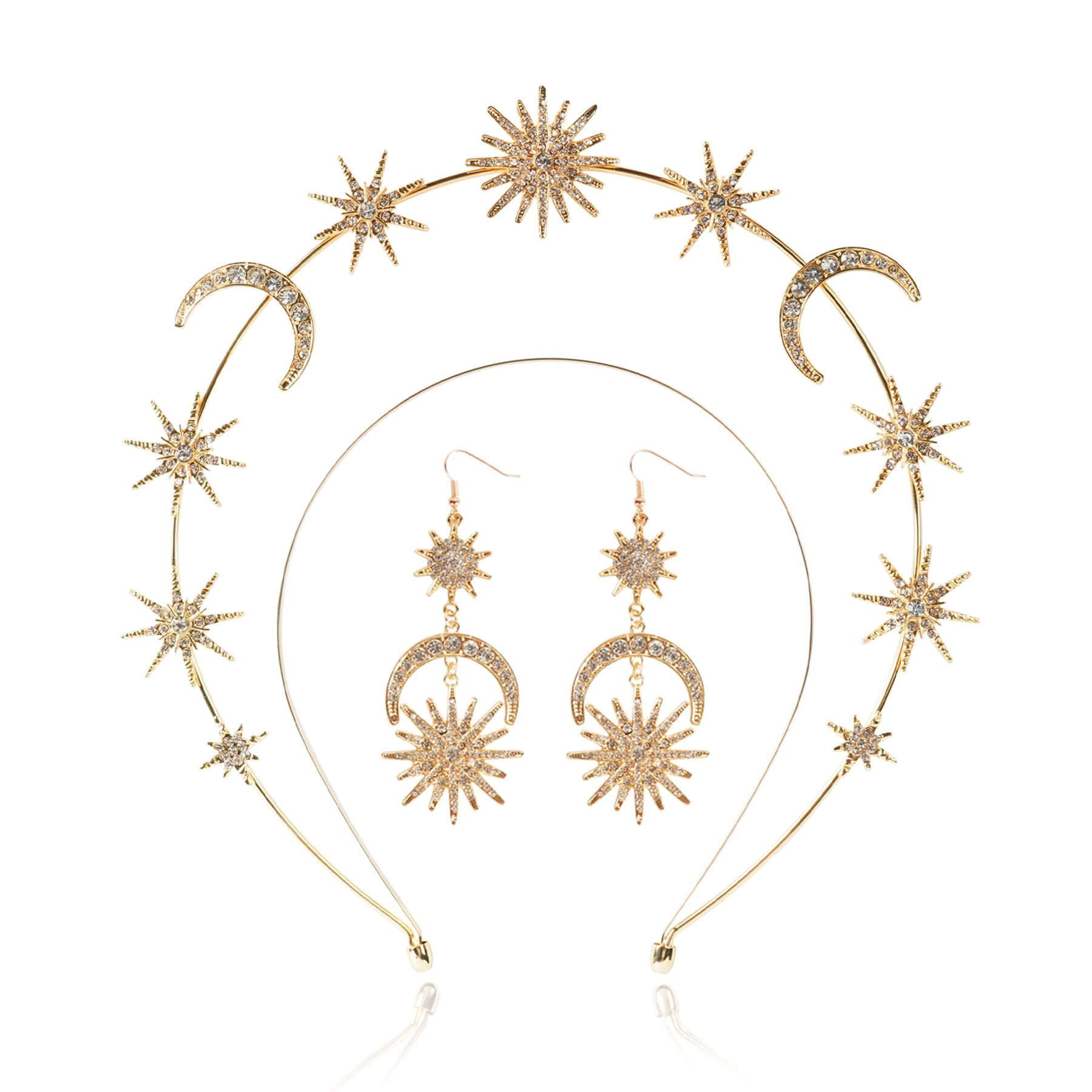 puwuto Halo Crown - Stars Crystal Goddess HeadBand with Earrings Mary Metal Halo Headpiece Celestial Crowns Tiaras for Women Bridal Wedding Costume Cosplay Party Goddess Accessories - Gold, Metal,