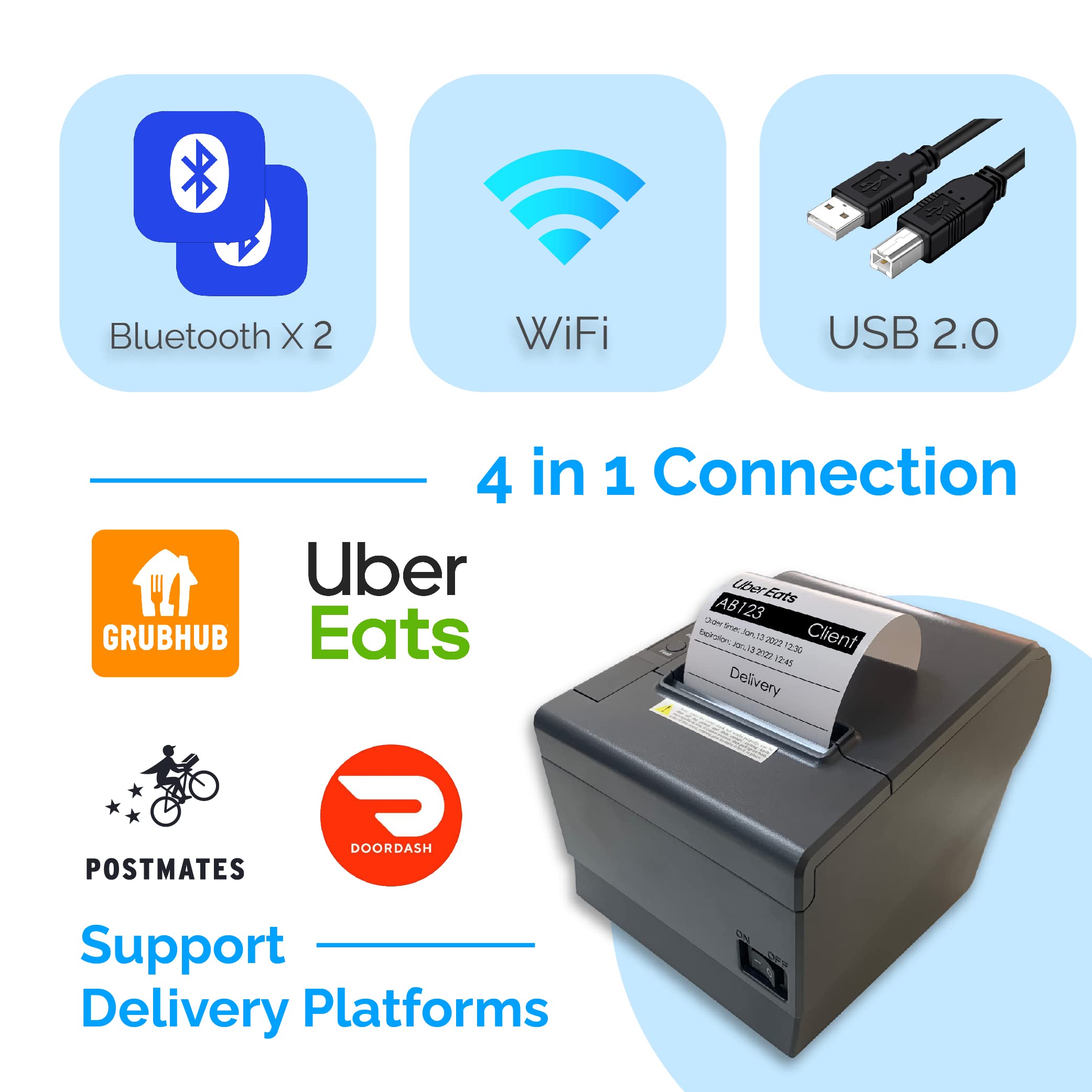 MR.BOSS 3 Inch Width Receipt Thermal Printer Bluetooth WiFi USB Support Food Delivery Ticket Printing App Ubereats Doordash Grubhub Postmates Also for Togo Shop Bubble Tea Fastfood Restaurant