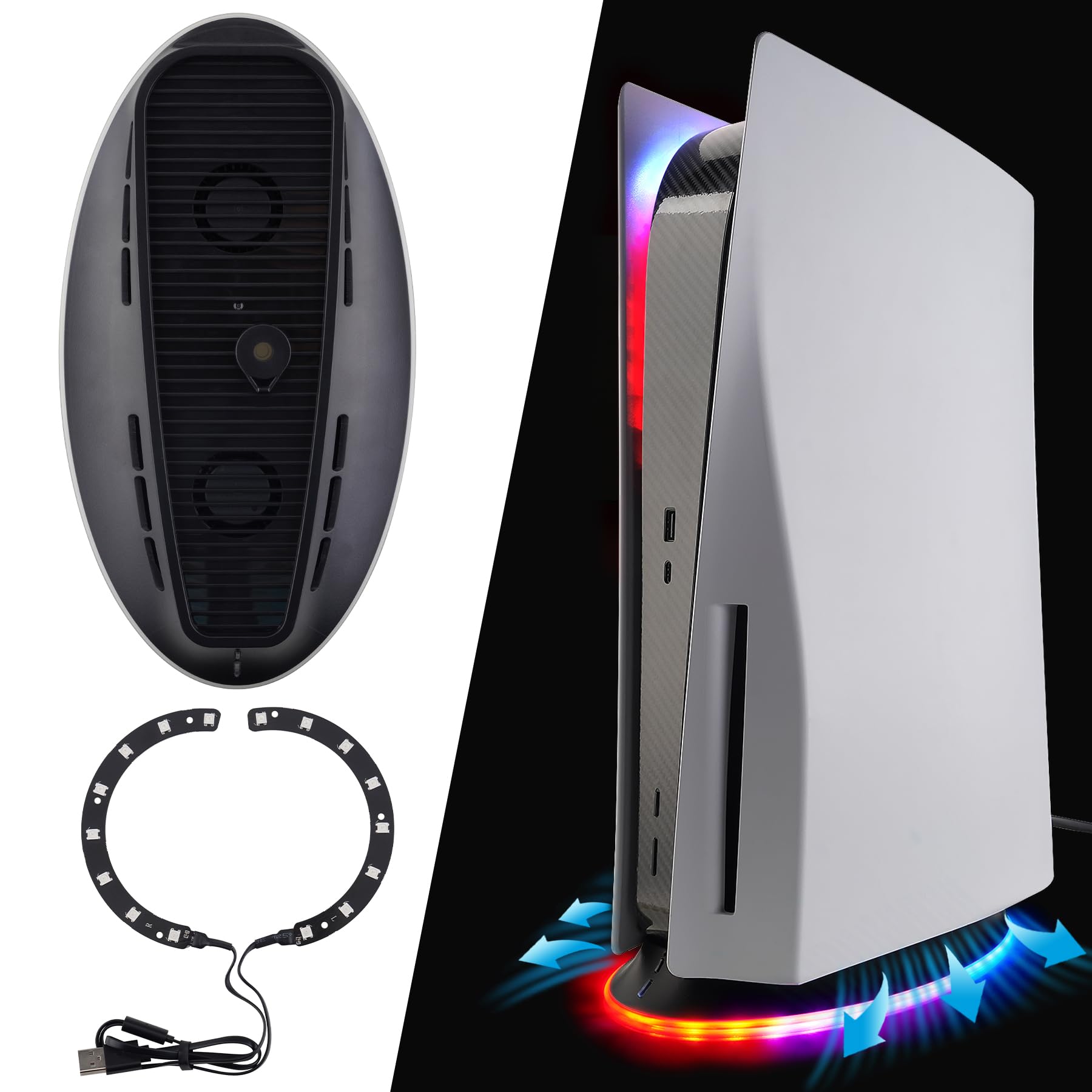 PlayVital RGB LED Cooling Stand for ps5 Disc & Digital Console, Vertical Fan Base with LED Strip Kit for ps5 Console – Control by APP