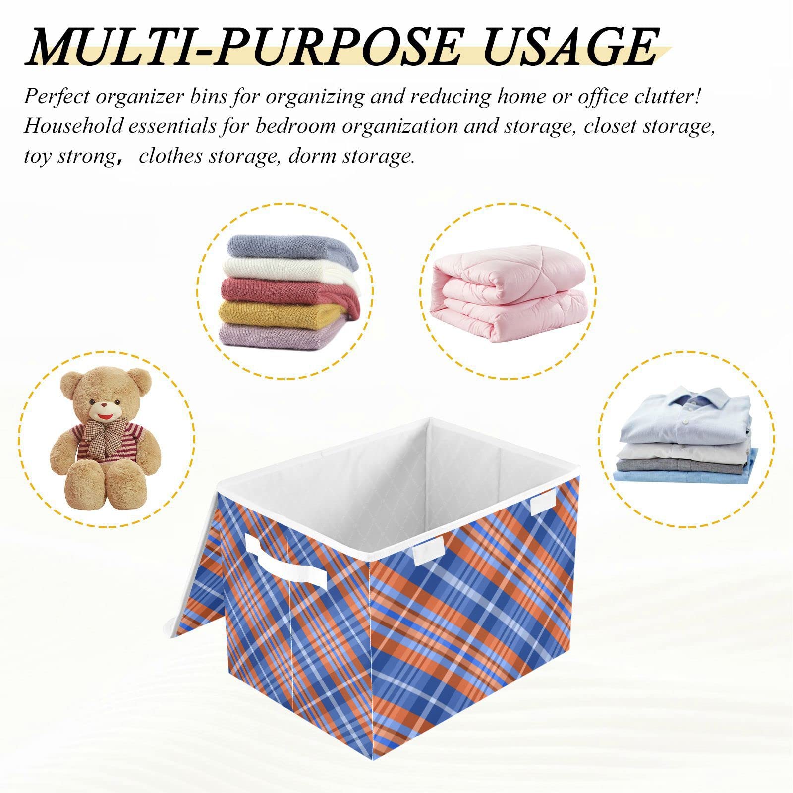 Kigai Orange Blue Plaid Storage Basket with Lid Collapsible Storage Bin Fabric Box Closet Organizer for Home Bedroom Office 1 Pack
