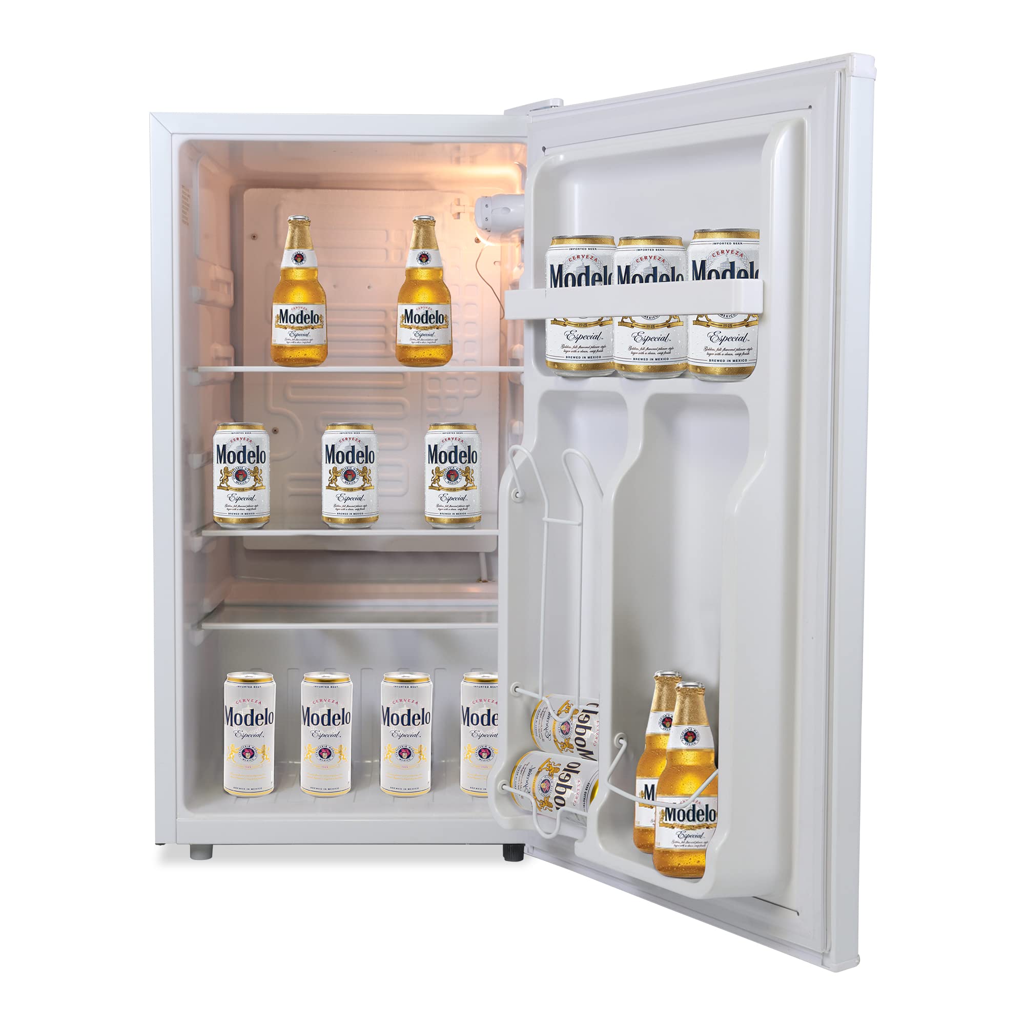 Modelo 3.2 cu ft (90L) refrigerator Compact Fridge with Bottle Opener White Space Saving Flat Back Design Reversible Door Adjustable Temperature Control Tempered Glass Shelves Office home bar Room RV