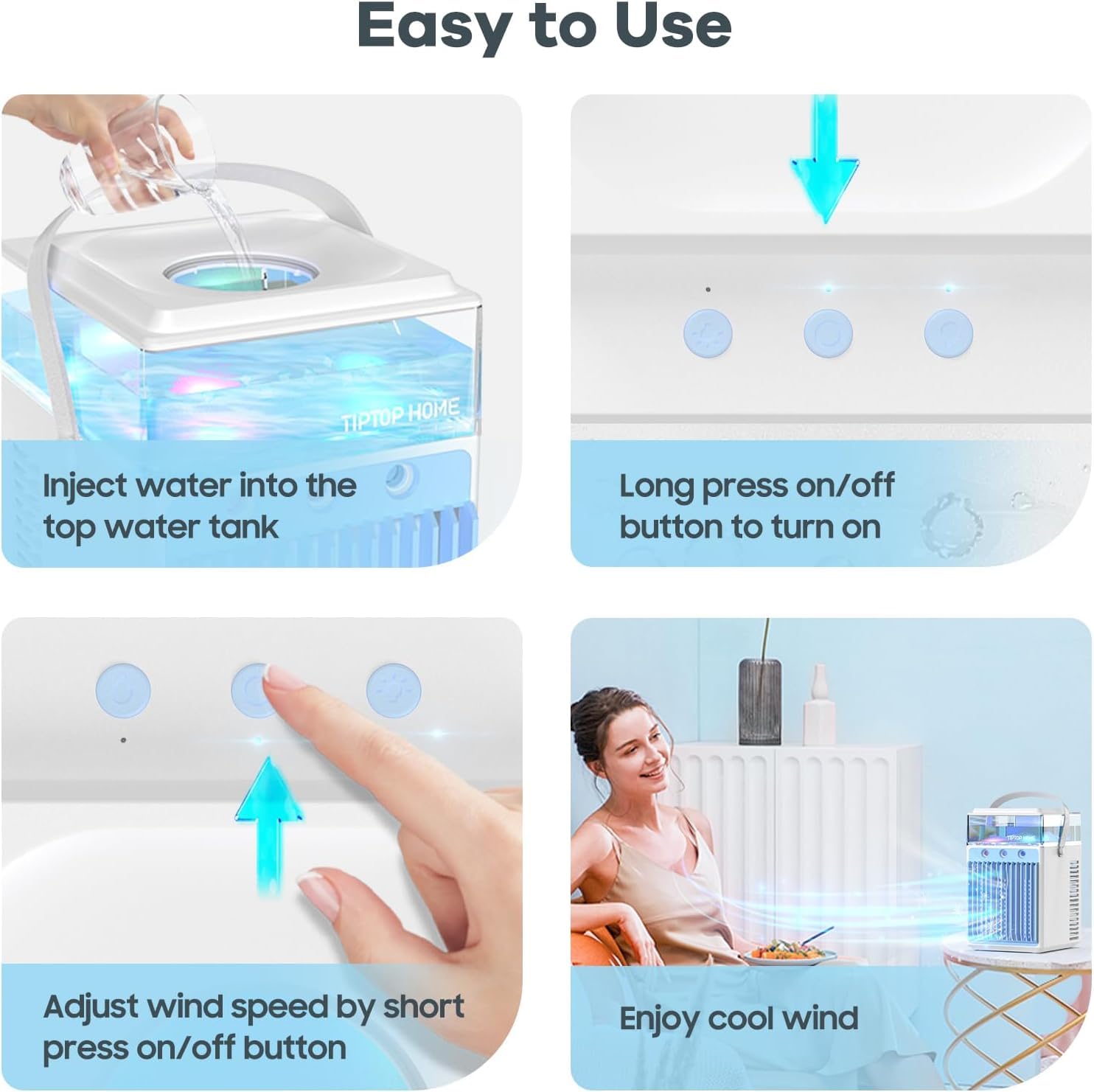 Portable Air Conditioners,4 in 1 Rechargeable Evaporative Personal Air Cooler APP Remote Control Humidifier with 6 Ice Boxes, 3 Speeds Mini AC with LED, Air Conditioner Desktop Cooling Fan for Bedroom