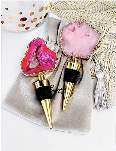 LUXE CRYSTAL CO. Handcrafted Purple Magenta Pink Agate Druzy Gold Natural Crystal Wine Champagne Stopper Handmade Bottle Barware Housewarming Bridal Shower (Pink)
