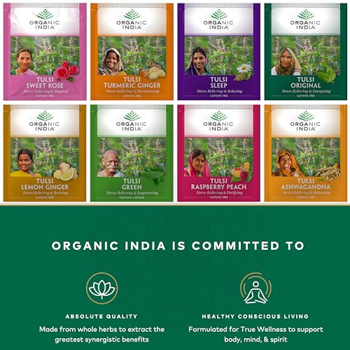 Organic India Top Eight Tulsi Herbal Teas - Holy Basil, Ashwagandha, Green, Original, Sleep, Sweet Rose, Turmeric Ginger, Lemon Ginger, Raspberry Peach - Vegan, Organic - 6 Bags Each (48 Total)