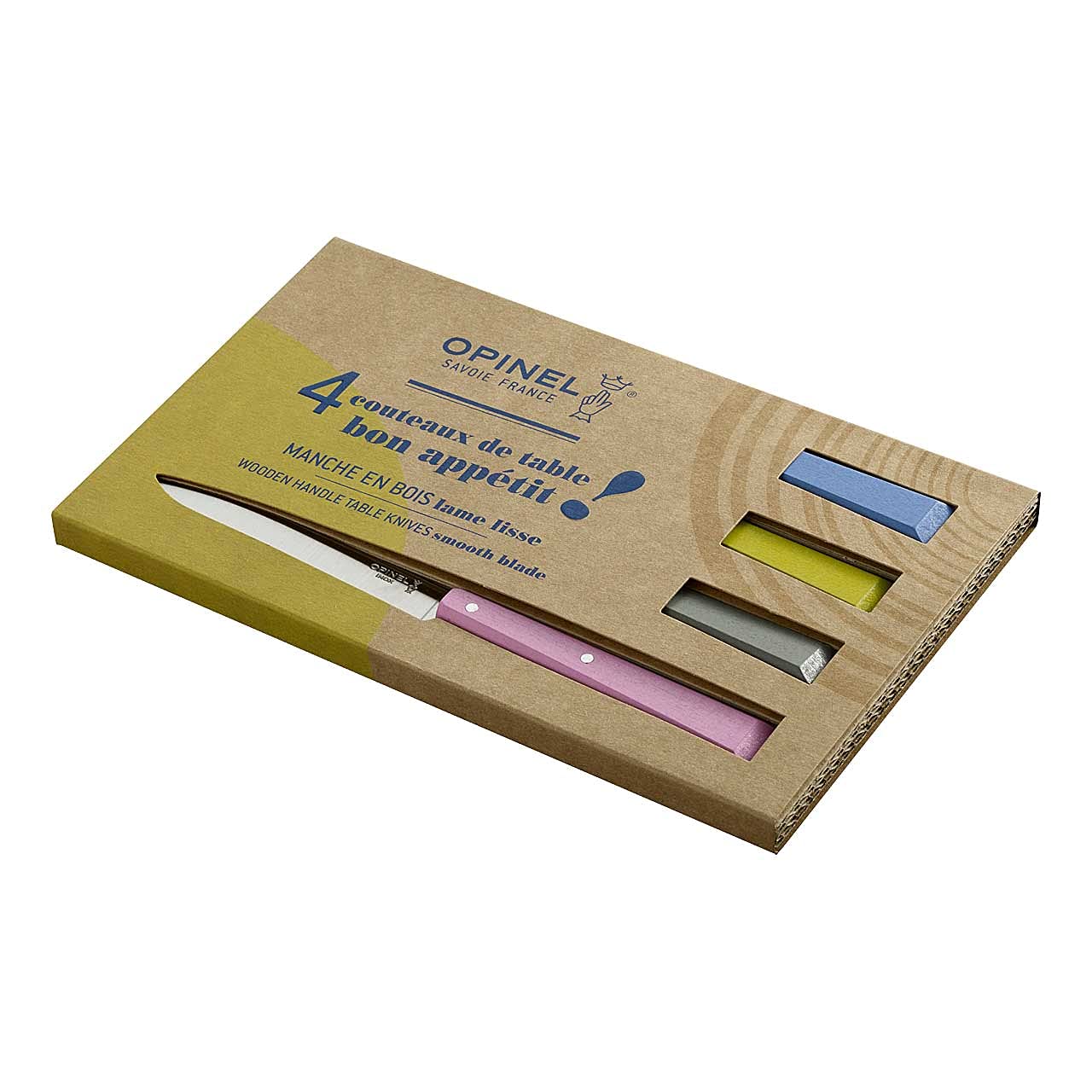 Opinel No. 125 Table Knives, 4 Piece Set, High Carbon Steel Dinner Knives for Parties, Entertaining, or Everyday Use, Painted Hornbeam Handles, Made in France (Countryside)
