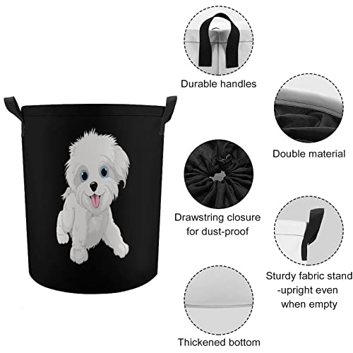 Playful Lap-Dog Laundry Basket Round Collapsible Storage Bin with Drawstring and Handle for Bedroom Bathroom Toys Room 17.3" X 13.8"