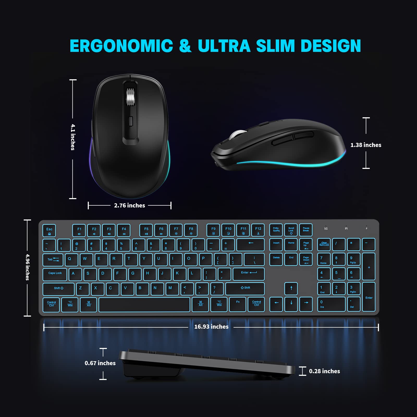 POWZAN Wireless Keyboard and Mouse, Rechargeable Wireless Keyboard Mouse Combo, Jiggle Mouse Slim Full Size Silent 7 Color Backlit 2.4G USB Keyboard for Windows, Mac Desktop/Laptop/PC, Gray