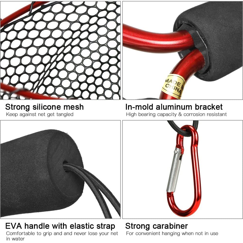 MengK Fishing Net Soft Silicone Fish Landing Net Aluminium Alloy Pole EVA Handle with Elastic Strap and Carabiner Fishing Nets Tools Accessories for Catching Fishes