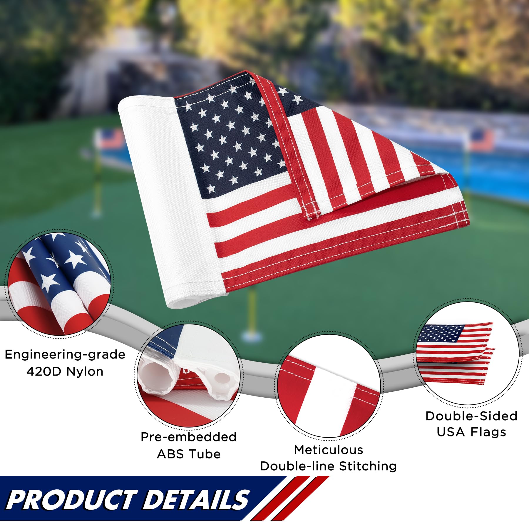 KINGTOP USA Golf Flag 8x6 Inch β Premium Dual-layer 420D Nylon, Double Sided American Pattern Printing, Tube Inserted β Mini Practice Putting Green Flags for Yard, 1-Pack