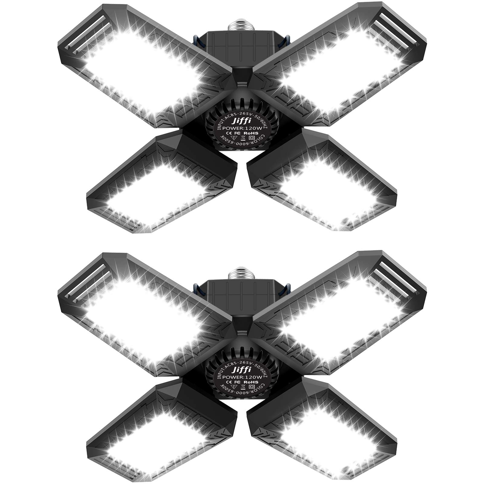 Jiffi 120W LED Garage Lighting, Deformable Garage Light, 12000LM 6500K Four-Leaf Garage Ceiling Light Fixtures with Adjustable Panels, E26/E27 Base, LED Lights for Basement Workshop Warehouse(2 Pack)