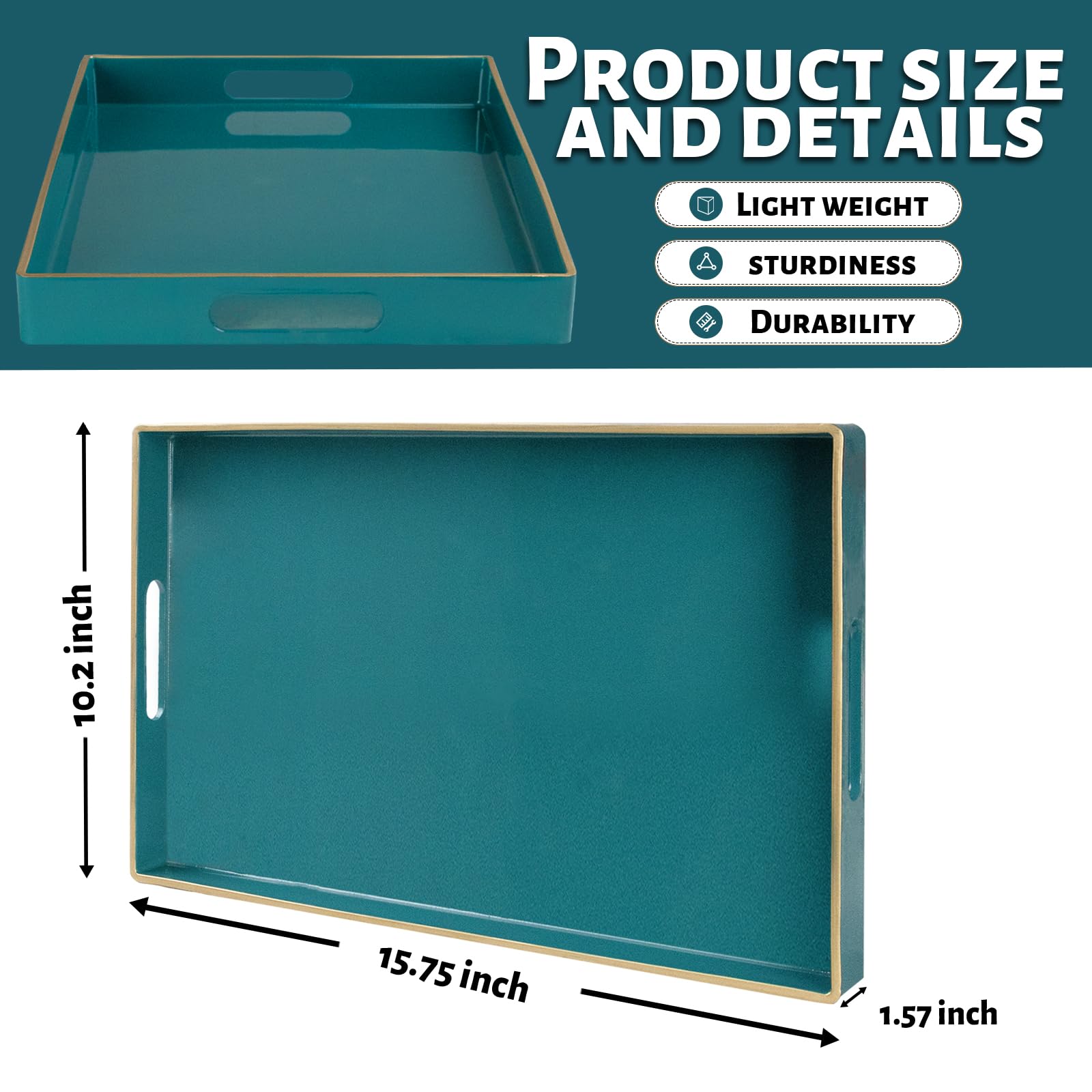 MAONAME Teal Serving Tray with Handles, Modern Decorative Tray for Coffee Table, Plastic Rectangular Tray for Ottoman, Bathroom, Decor, 15.75β x 10.2β x1.57