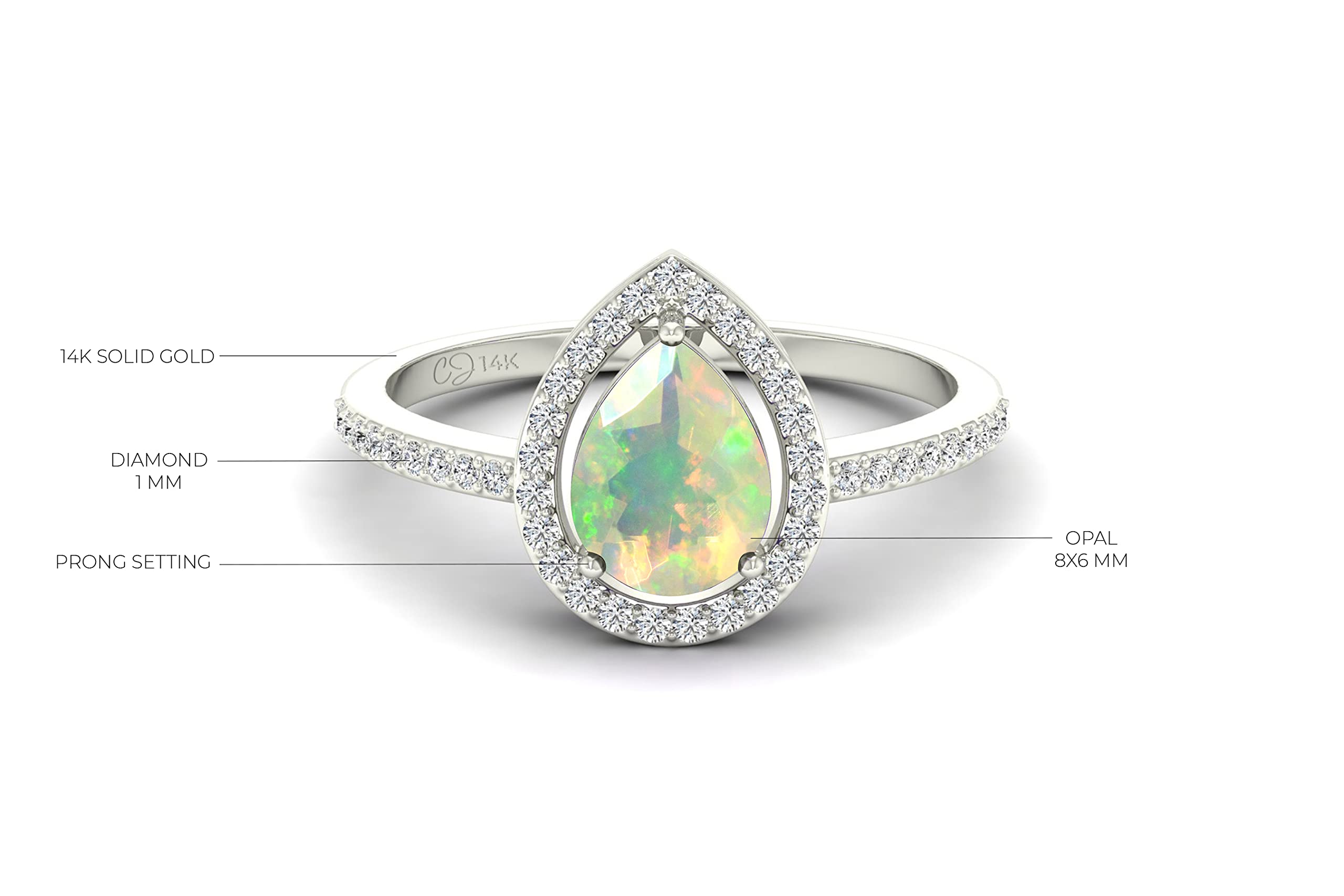 mirahi by chordia jewels Pear Shaped Halo Ring, 8x6mm Opal Engagement Ring, Unique Diamond Ring with Side Stone White Gold