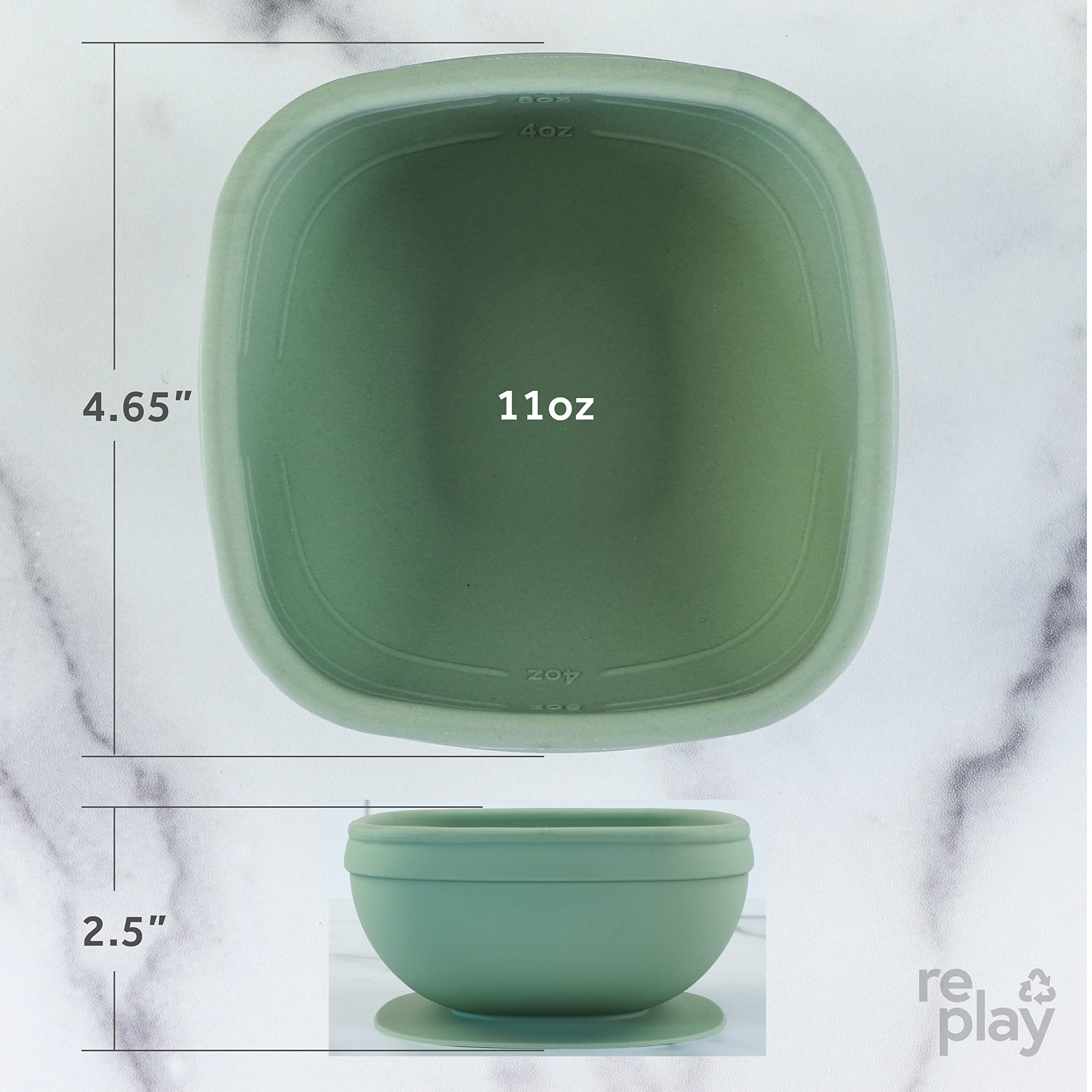 Re Play Sustainables Silicone 11 oz. Suction Bowl with Silicone Press In Lid - Made with Medical-Grade Platinum Silicone - With Lid - Sage