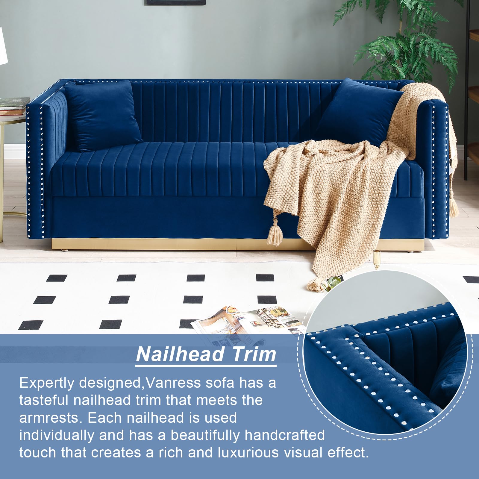 Vanress 78" Velvet Upholstered Sofa,Modern Tufted Couch 3 Seater,Square Arm, with Nailhead Trim and 2 Pillows for Living Room, Office (Blue)