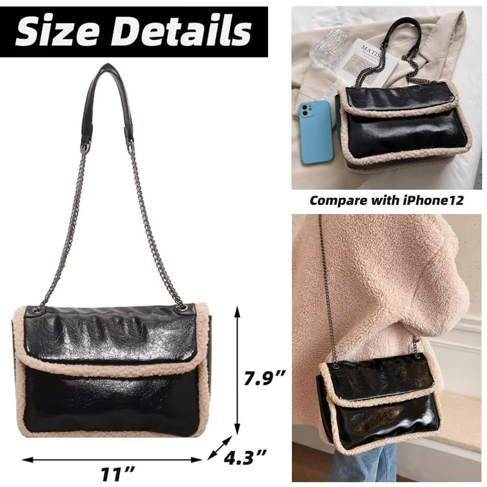 Mudono Shoulder Bag for Women Soft Glossy Crossbody Bag Square Purse Handbag with Faux Shearling Trim and Chain Strap