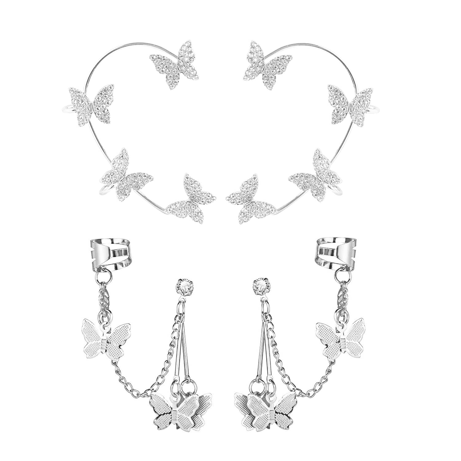 Nanafast 4 PCS Butterfly Dangle Earrings Set for Women Butterfly Tassels Drop Ear Cuff Clip Chain Stud Earrings for Girls-Silver2