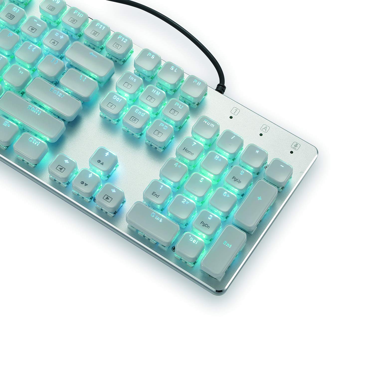 HUO JI Mechanical Gaming Keyboard with Customizable LED Backlit, Brown Switches, Crystal Keycaps, USB Wired Low Profile 104 Keys for Mac, PC, Silver and White