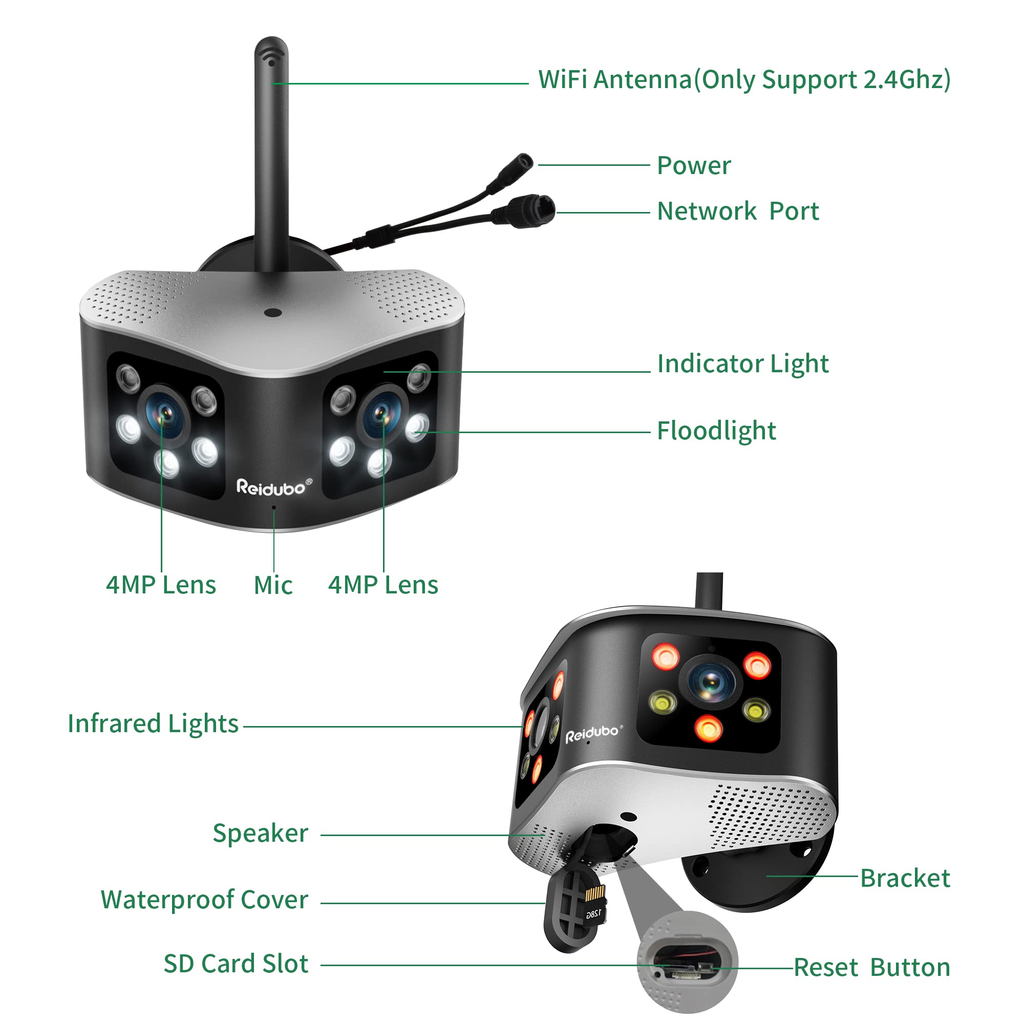 Reidubo 4K WiFi Security Cameras Outdoor with 165° Ultra-Wide Angle, Ultra-HD Dual Lens Cameras for Home Security, Two-Way Talk, Color Night Vision, IP66 Waterproof, Sound & Light Alarm