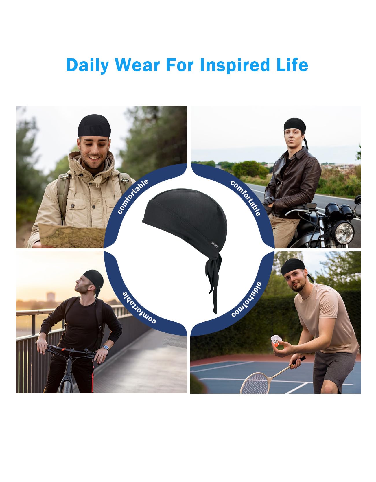 JHYWELL Dew Rag Blue Doo Rags Hard Hat Liner Sweat Wicking Beanie Helmet Cooling Heap Wraps for Men and Women (Blue 4 Pack)