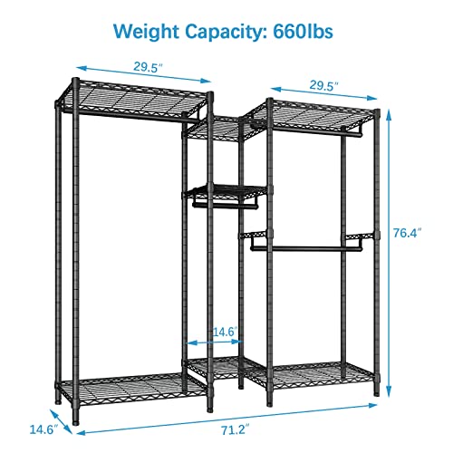 VIPEK V6 Wire Garment Rack Heavy Duty Clothes Rack for Hanging Clothes, Metal Freestanding Closet Wardrobe Rack, 71.2" L x 14.6" W x 76.8" H, Max Load 660lbs, Medium Size (Black)
