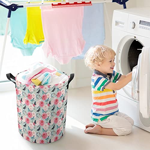 Roses and Butterfly Laundry Basket Round Collapsible Storage Bin with Drawstring and Handle for Bedroom Bathroom Toys Room 17.3" X 13.8"