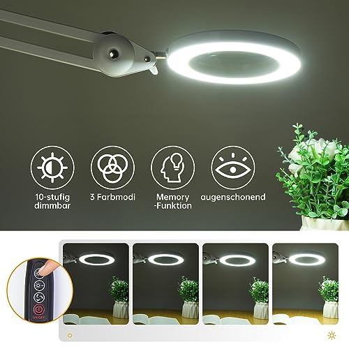 Magnifying Glass with Light and Clamp, Magnifying Lamp with 4.2'' 5X Real Glass Magnifier, 3-Color Dimmable LED Light, Premium Swing Arm Hands Free for Estheticians Crafts Hobbies Arts
