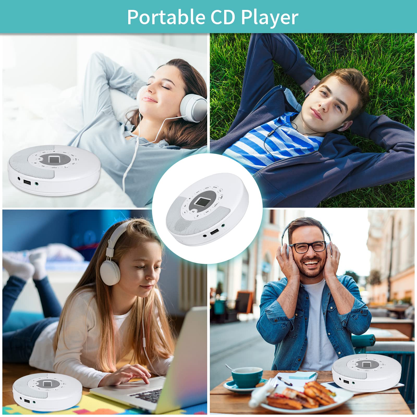 Portable CD Player with Speakers - Bluetooth CD Player Portable,Rechargeable Anti-Skip Walkman CD Music Player for Car/Travel with Headphones and AUX Cable,Home Audio Stereo Speaker,2000mAh Battery