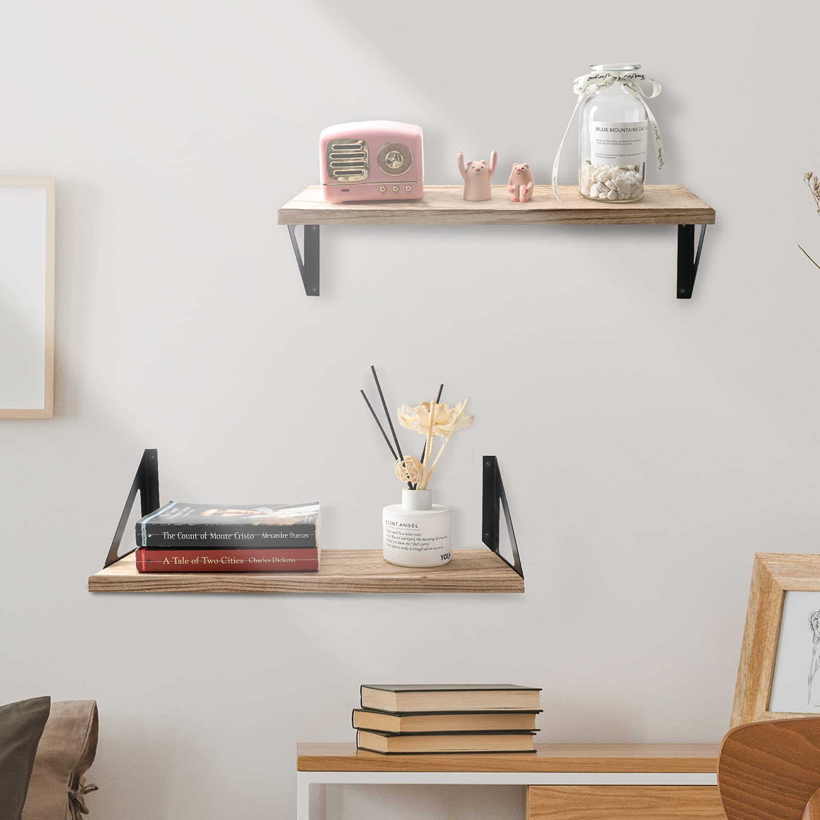 KINLINK Floating Shelves Wall Mounted, Wood Rustic Wall Shelves Set of 2 for Living Room/Bathroom/Bedroom/Kitchen/Farmhouse,Carbonized Black