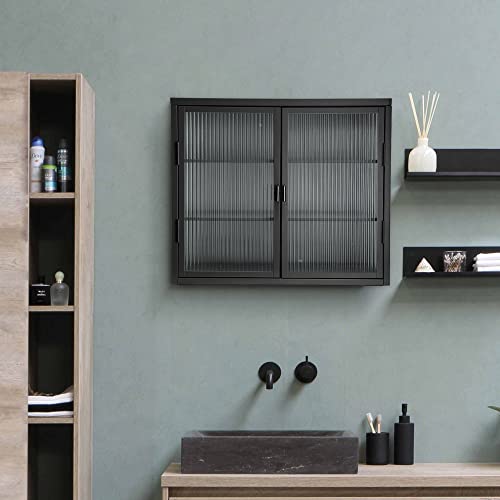 HomSof Haze Double Glass Door Wall Cabinet with Detachable Shelves for Office, Dining Room,Living Room, Kitchen and Bathroom, Black