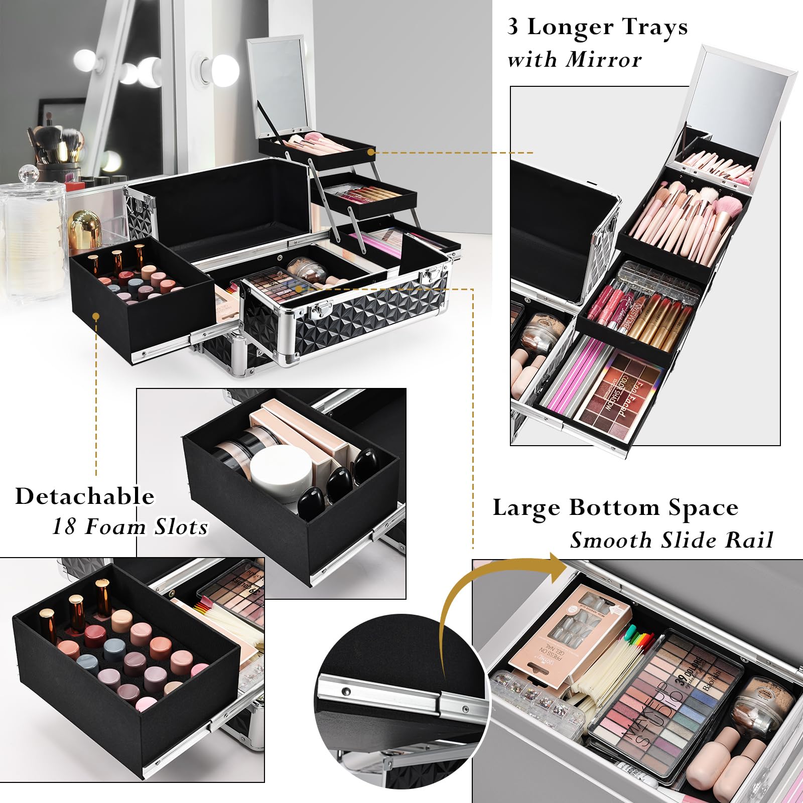 Joligrace Rolling Makeup Case with Wheels Professional Cosmetology Large Train Case Wheeled Cosmetic Trunk with 8 Divided Trays for Makeup Artist, Hair Stylish or Home Use - Black