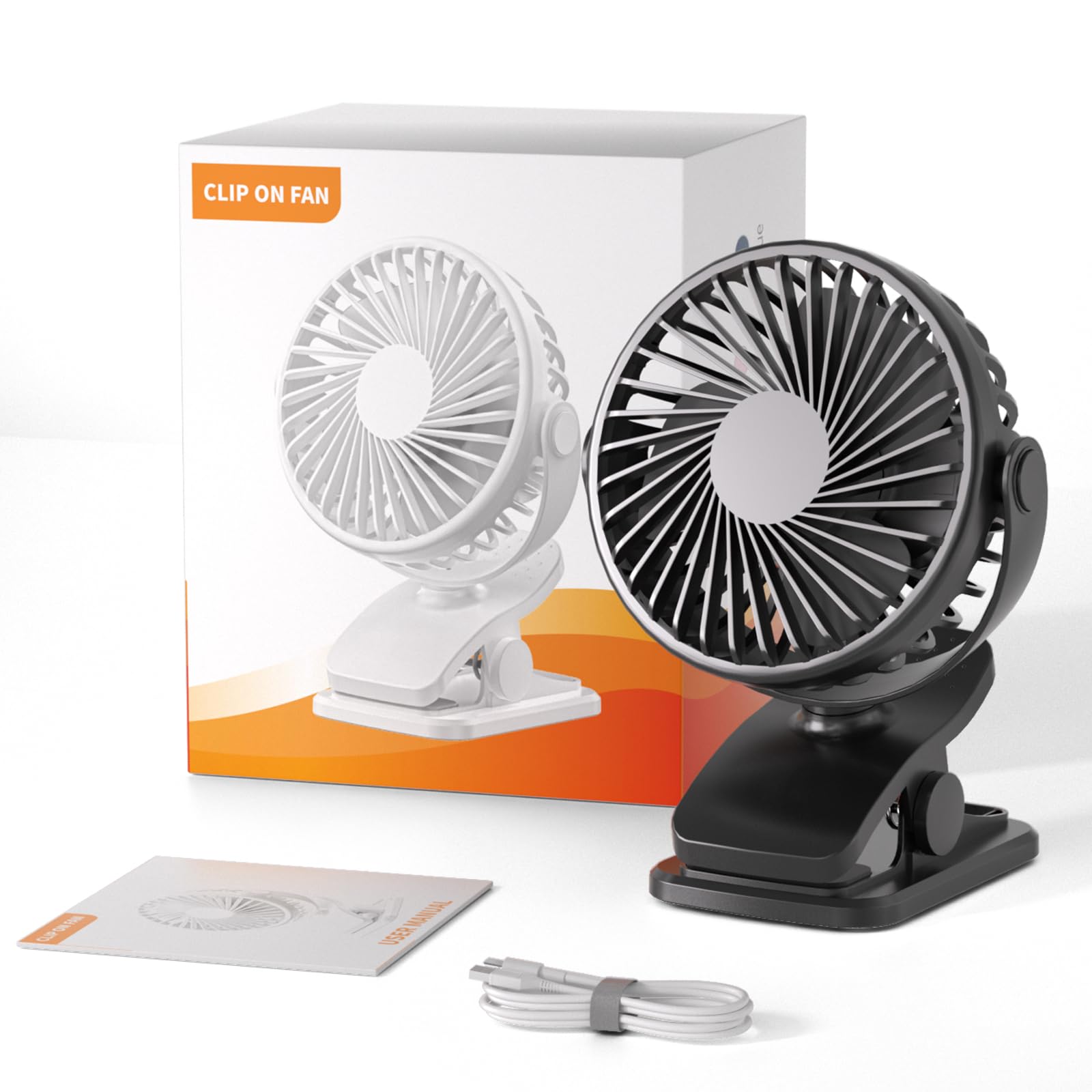Portable Clip on Fan, 360° Rotate Battery Operated Stroller Fan, 3 Speed Quiet Mini Personal Desk Fan, USB Rechargeable Clooing Fan for Outdoor Camping Golf Cart Stroller Home Office Black