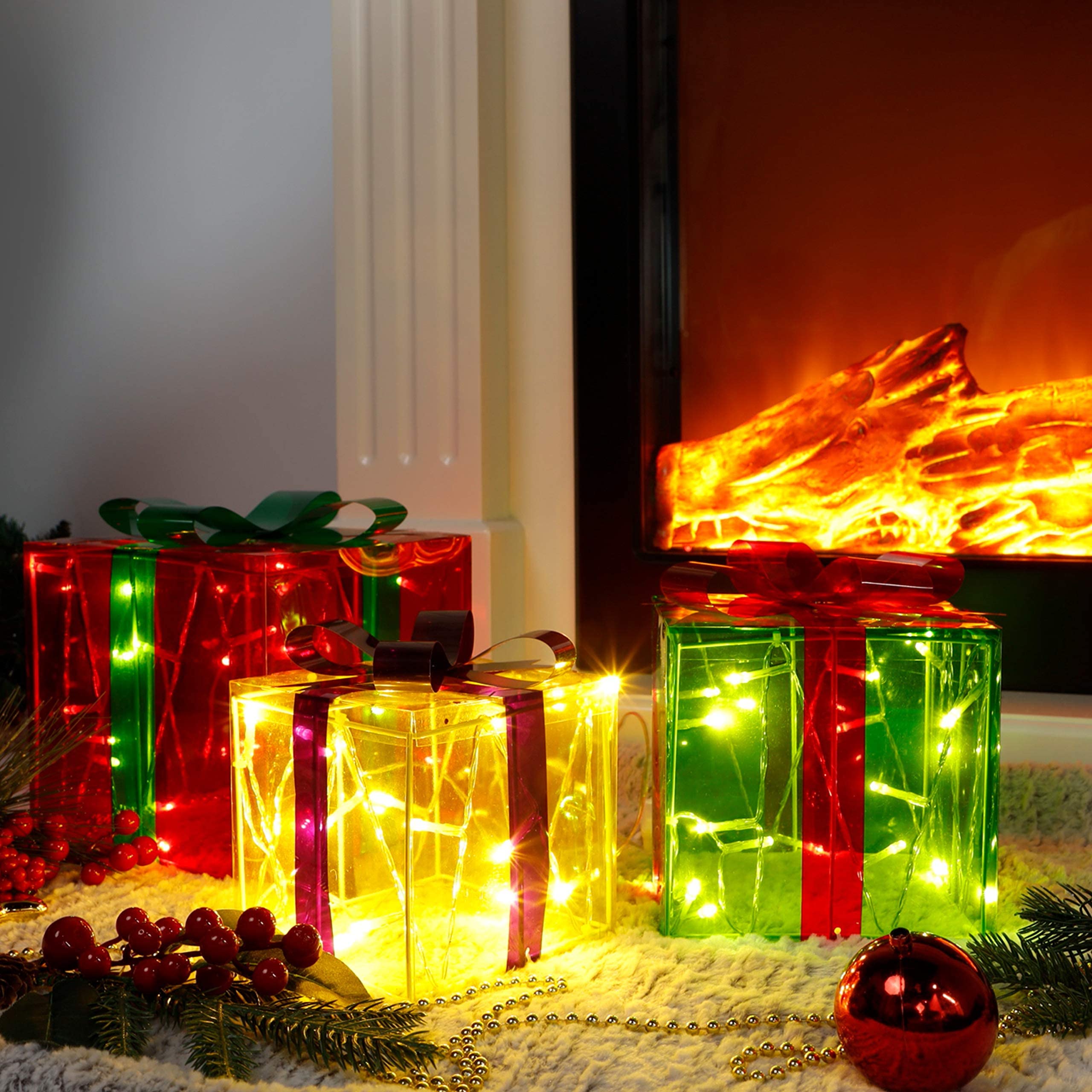 Joliyoou Christmas Lighted Gift Boxes, Set of 3 Light Up 60 LED Deocr Outdoor, Light Up Christmas Boxes Present Decorations Outdoor Yard Red Green Yellow