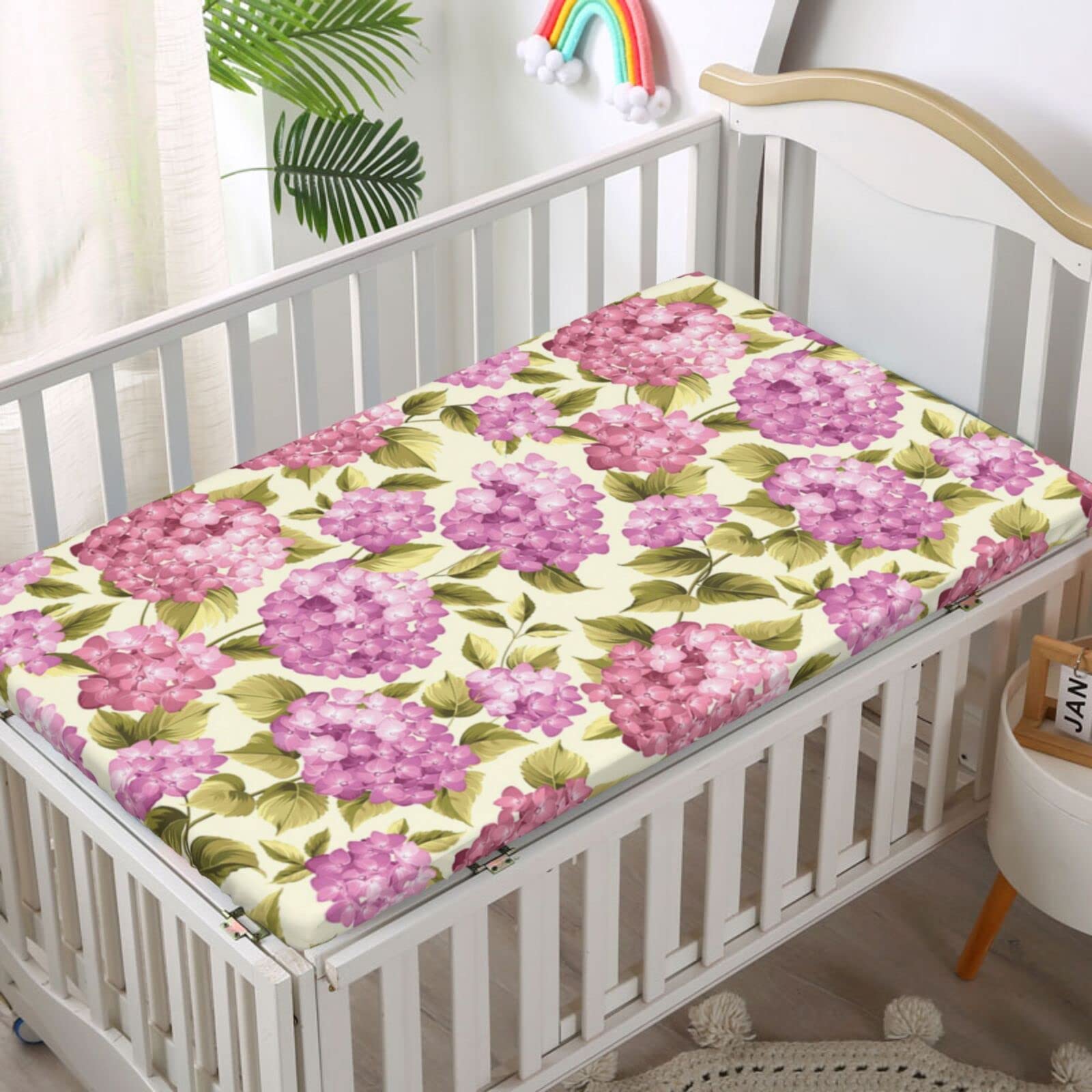 Shabby Flora Themed Fitted Mini Crib Sheets,Portable Mini Crib Sheets Soft and Breathable Bed Sheets-Great for Boy or Girl Room or Nursery,24β x38β,Pale Green Baby Pink Cream Lilac