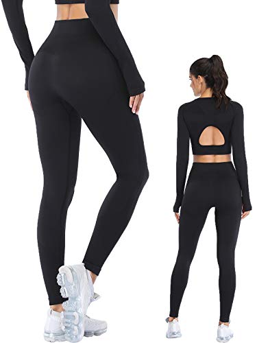 JOLLMONO Workout Sets for Women 2 Piece Yoga Gym Outfits Seamless Ribbed Leggings with Long Sleeve Tops(8003M-Black)