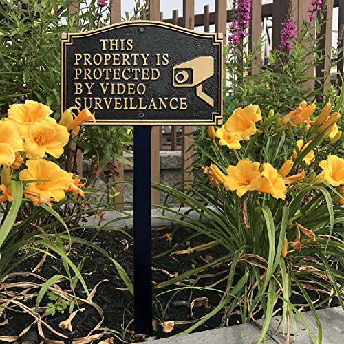 SmartSign 5.75 x 9.5 inch “This Property Is Protected By Video Surveillance” GardenBoss Statement Plaque with 18 inch Lawn Stake, 375 mil Rustproof Aluminum, Black and Gold, Set of 1