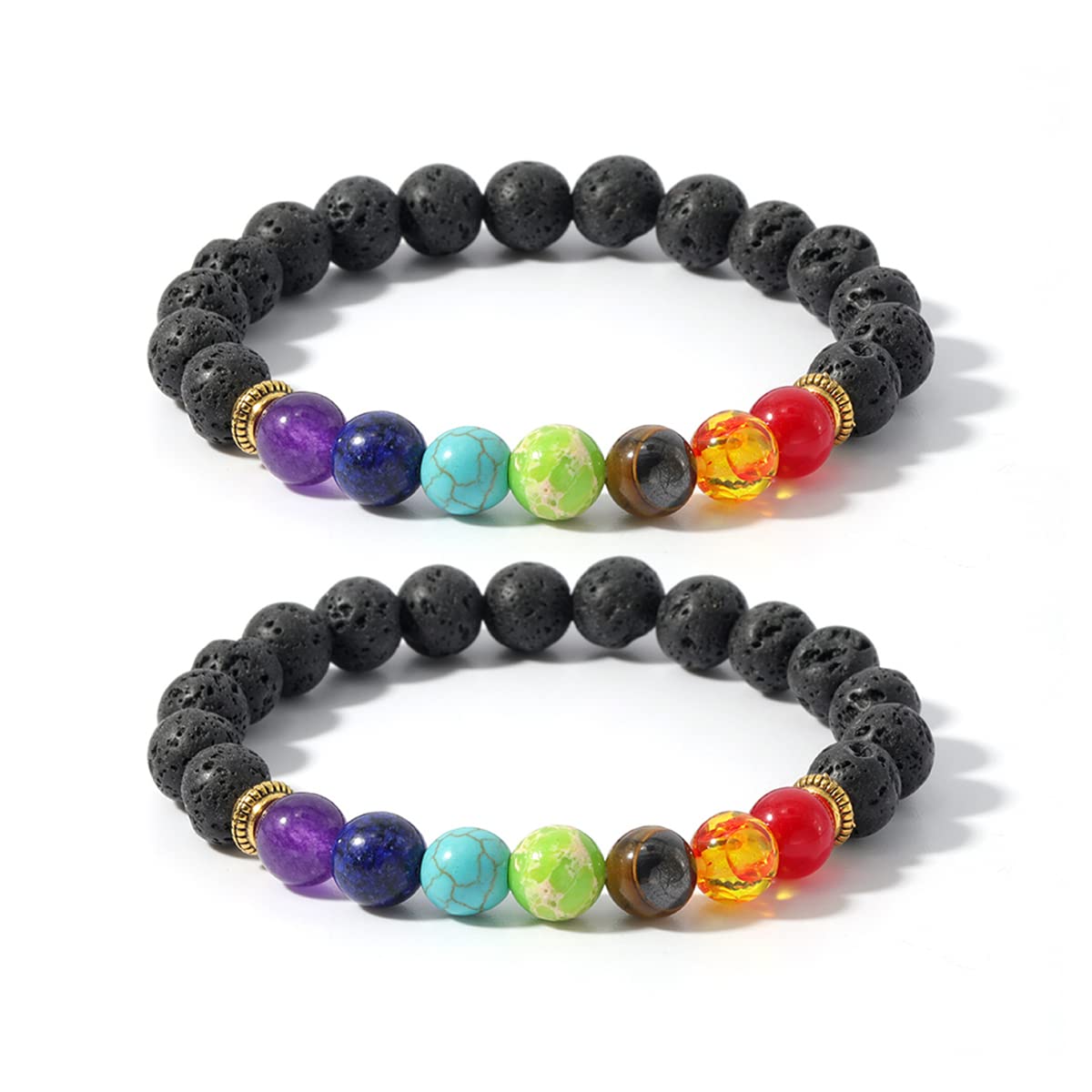 OAIITE 2Pcs 7 Chakra Bracelet Elastic Natural Stone Yoga Healing Crystals Beads Meditation Relax Anxiety Bracelet Bangle Natural Lava