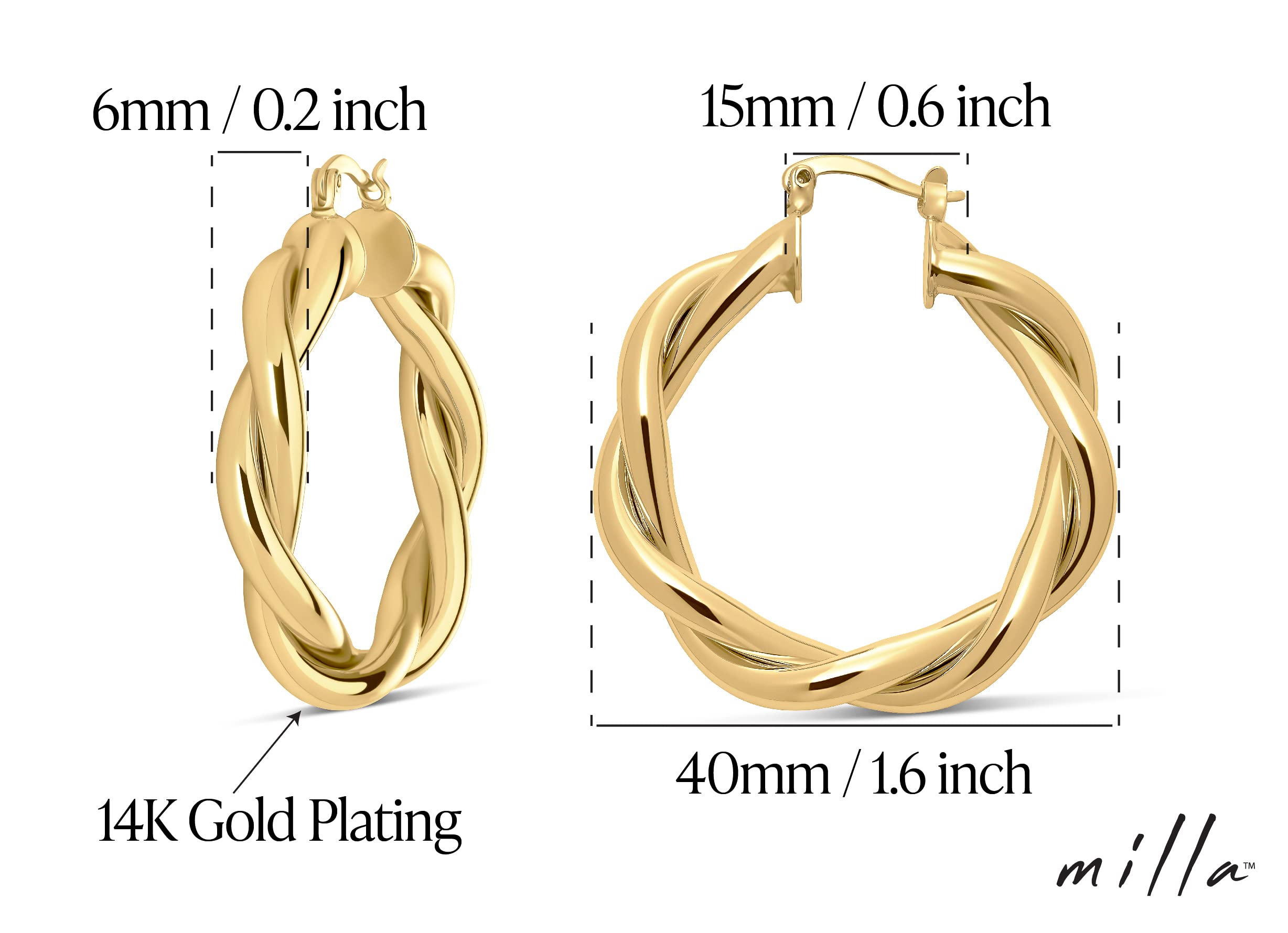 Milla Gold Twist Earrings - Thick Silver Hoop Earrings for Women - Big Chunky 14K Gold Statement Earrings (40 mm - 1.6 in)