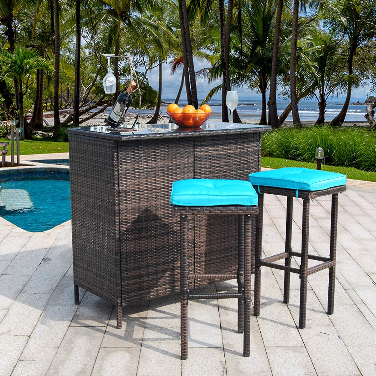 Polar Aurora 3PCS Patio Bar Set with Stools and Glass Top Table Patio Wicker Outdoor Furniture with Blue Removable Cushions for Backyards, Porches, Gardens or Poolside
