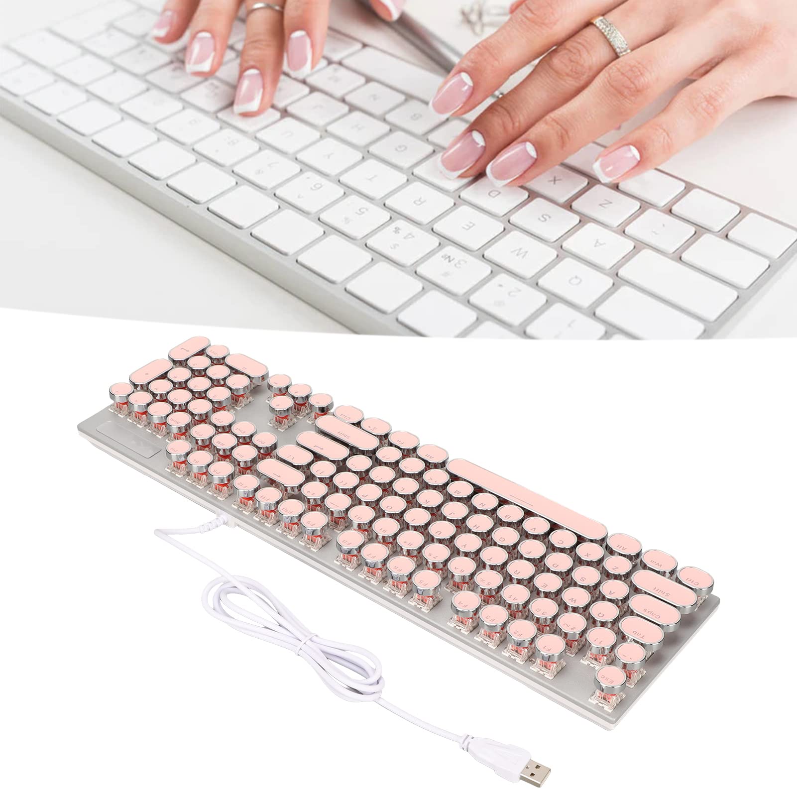 Pomya 104 Keys Mechanical Keyboard, Typewriter Style Red Switch Mechanical Gaming Keyboard, Retro Round Keycaps PC Keyboard with RGB Backlight for Win, for OS X(Pink)