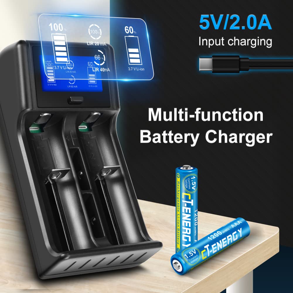 Rechargeable AAA Batteries 4 Pack with Smart Battery Charger and LIR2032 Batteries 2 Pack,1.5V Rechargeable Triple A Lithium Battery 1200mWh,Universal Battery Charger for Lithium/Ni-mh/Ni-cd