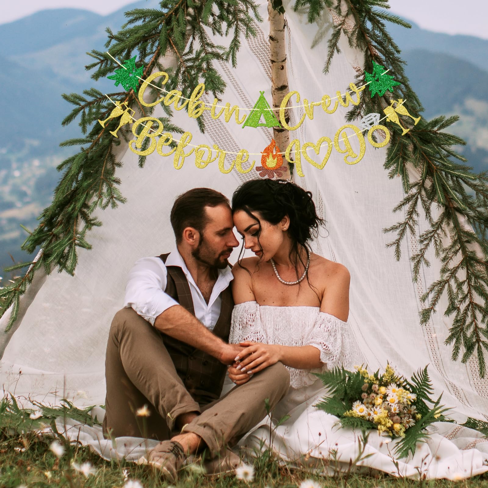 Qttier Cabin Crew Before I Do Banner, Camping Bachelorette Banner, Mountain Bachelorette Decorations, Camp Themed Bridal Shower Party Decor, Last Trail Before the Veil, Gold & Green Glitter
