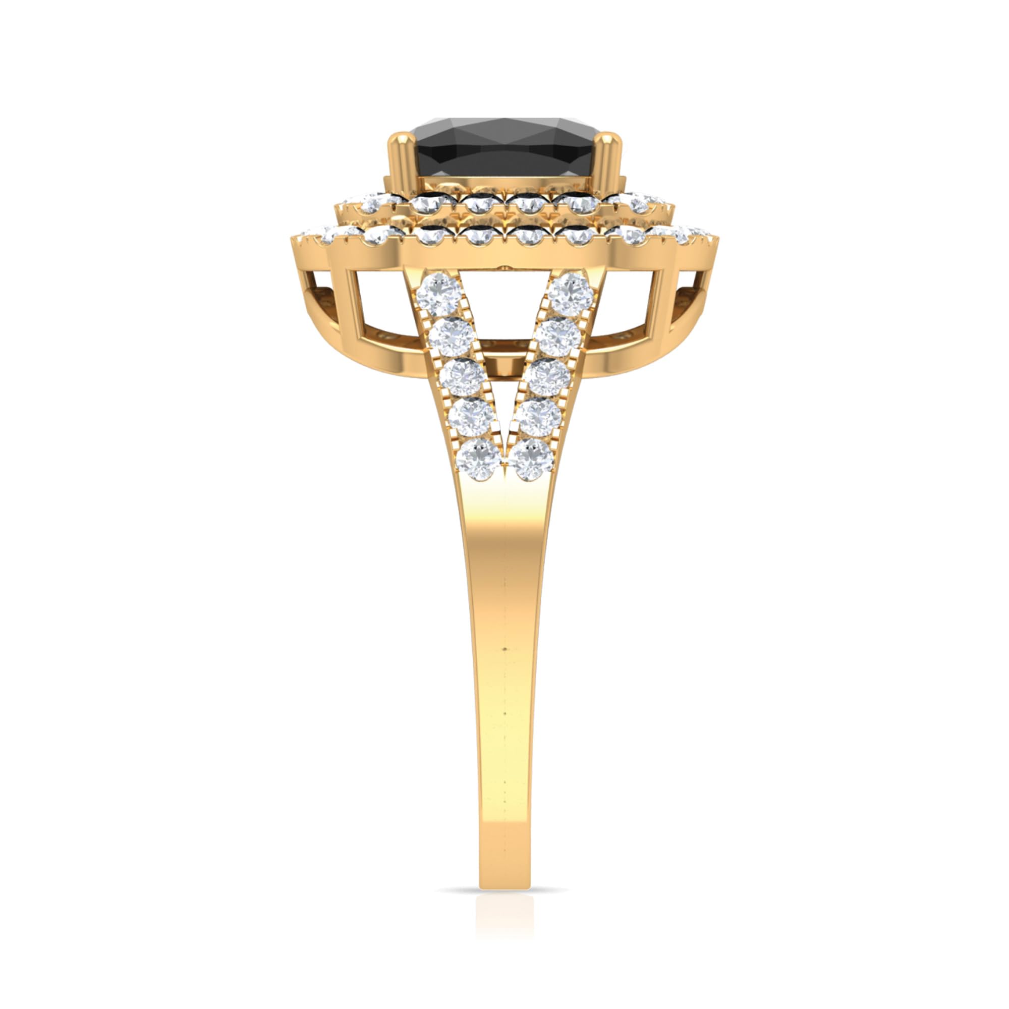 Natural Black Onyx 8MM Cushion Cut Engagement Ring, Black Onyx Double Halo Ring - AAA Quality with Certificate, 14K Yellow Gold, Size:US 12.50
