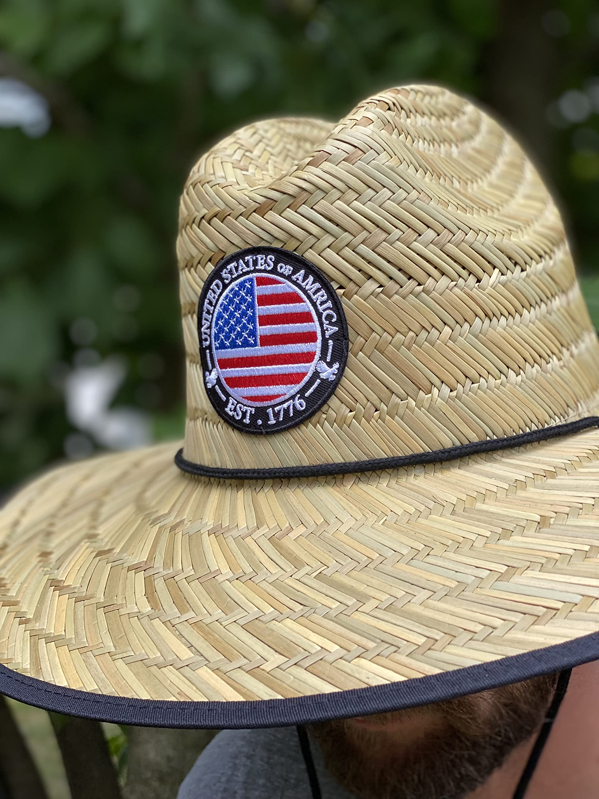 Pesky Patriot American Flag Straw Sun Hat - 100% Natural Round Straw Hat for Sun Protection, Unisex Enjoyment, Premium-Quality Material
